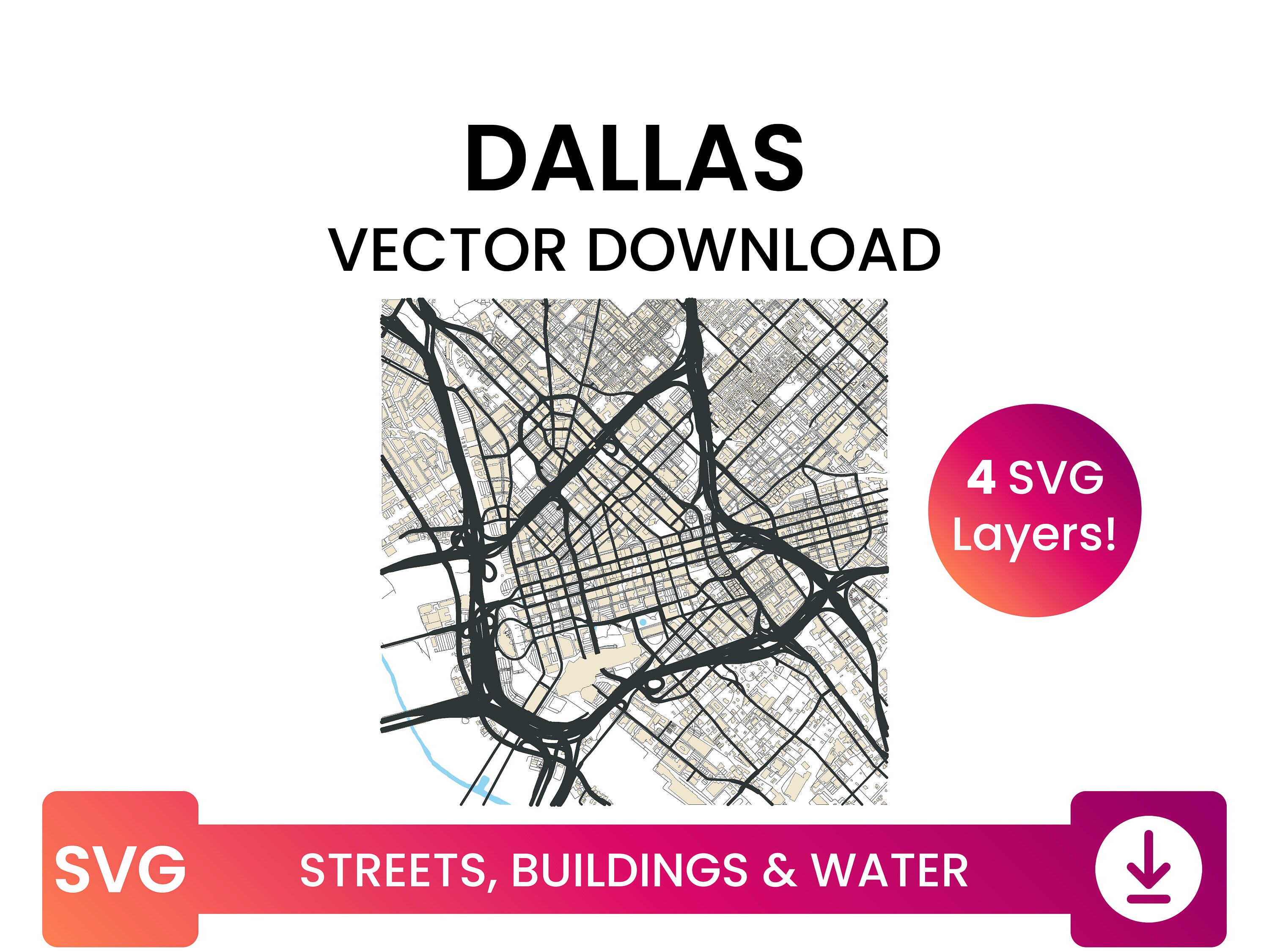 Street Network, Building Footprints & Waterbodies of Dallas, Texas City ...