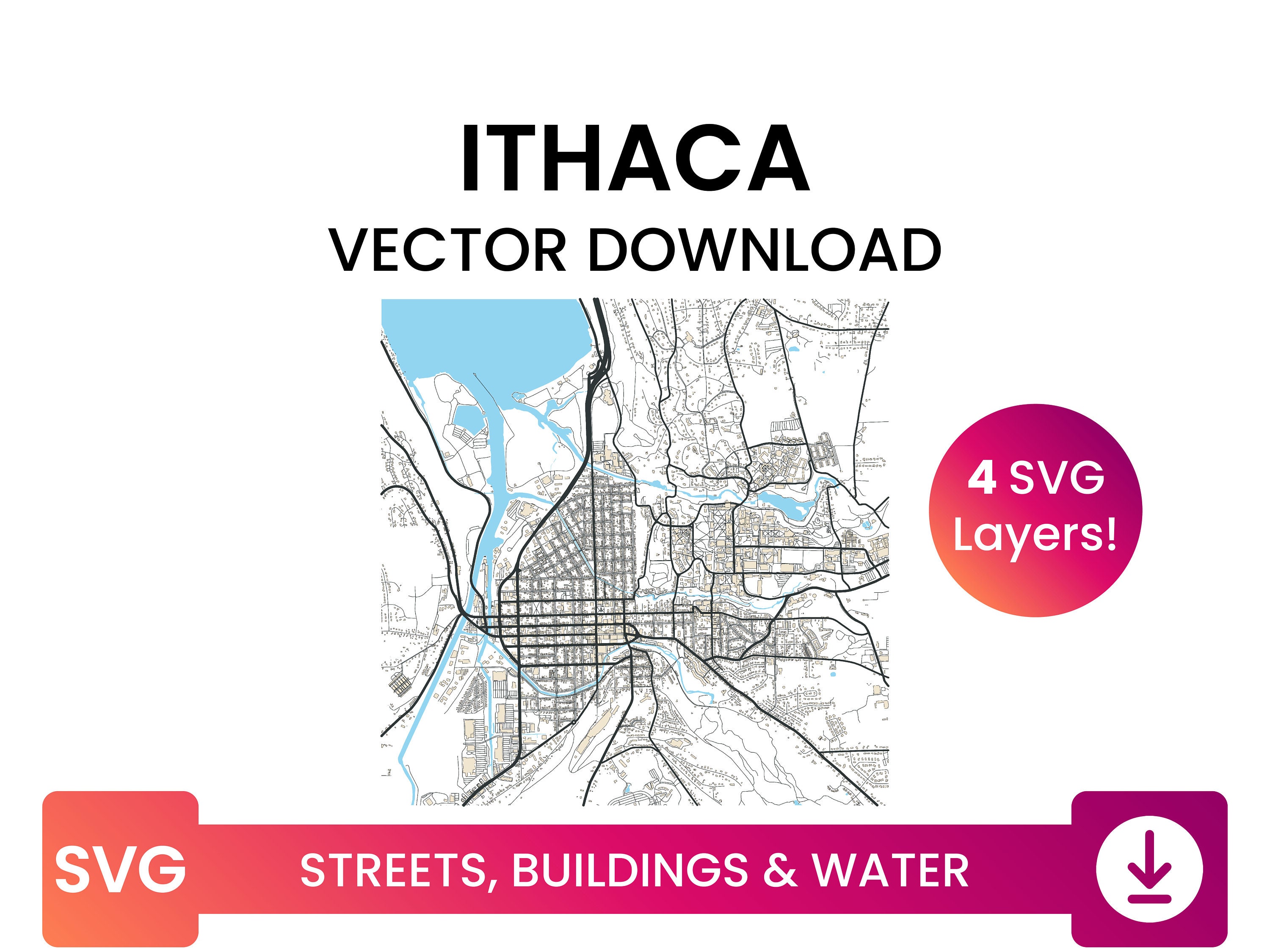 Street Network, Building Footprints & Waterbodies of Ithaca, New York ...
