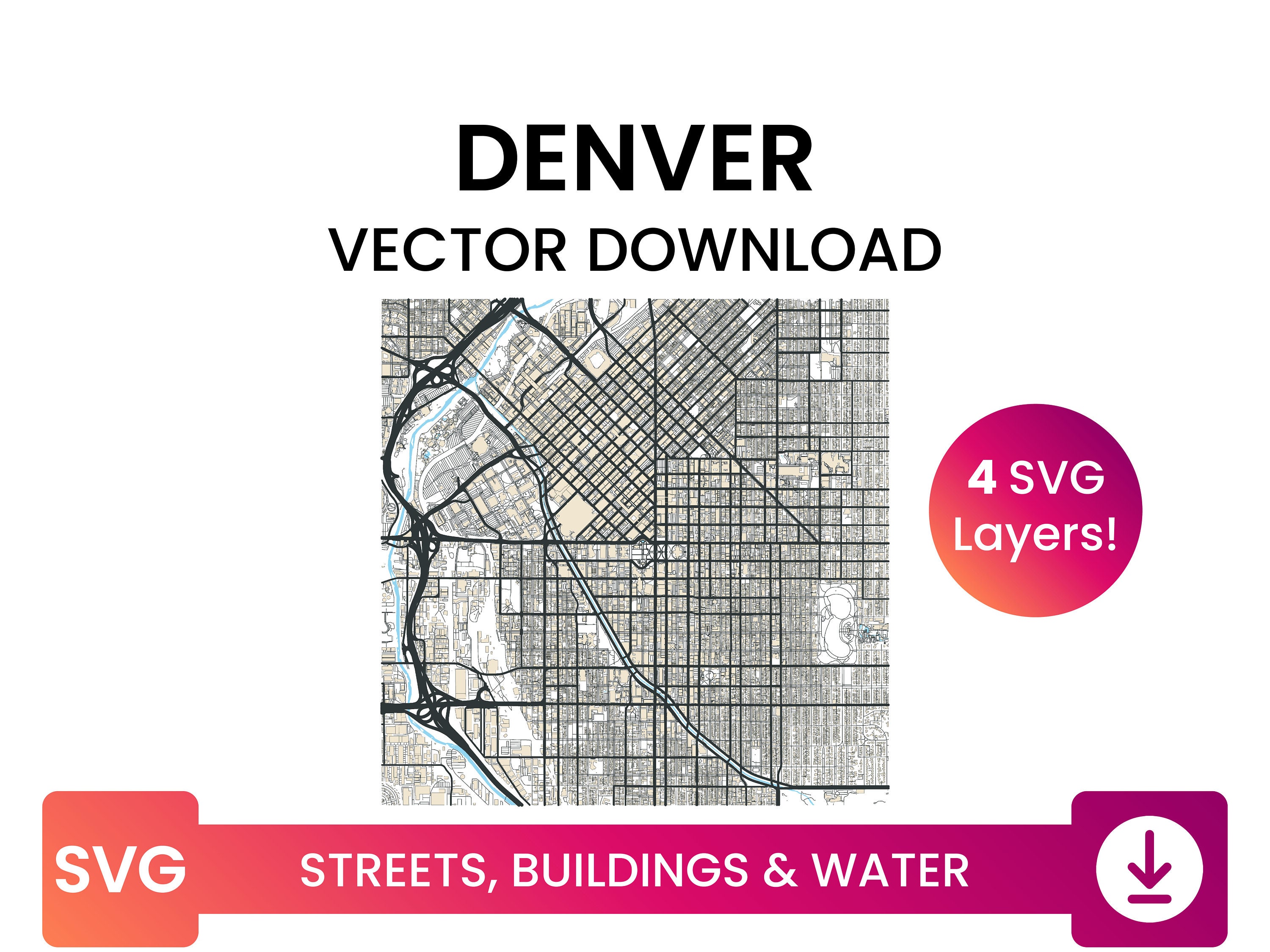 Street Network, Building Footprints & Waterbodies of Denver, Colorado ...