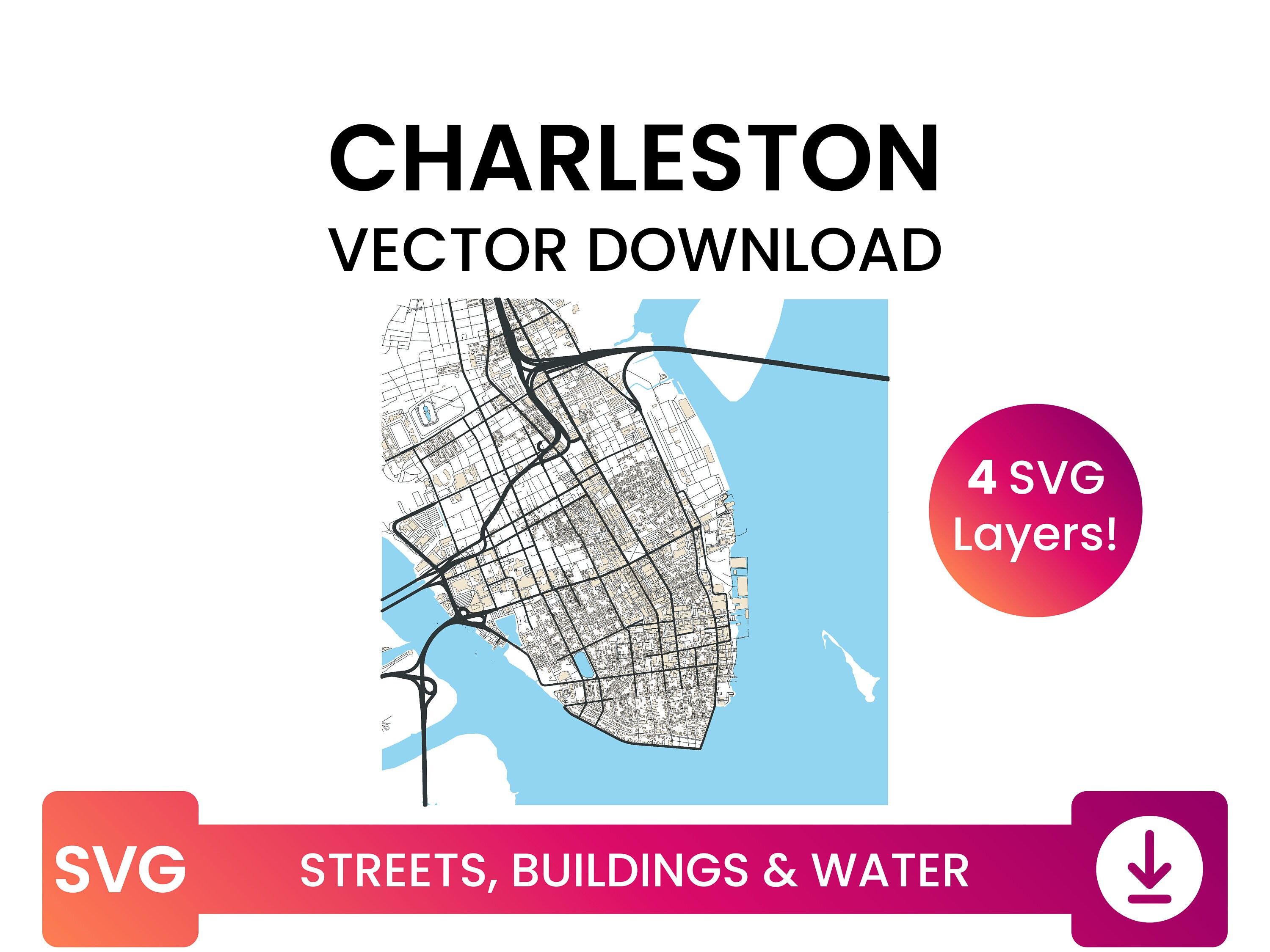 Street Network, Building Footprints & Waterbodies of Charleston, South ...