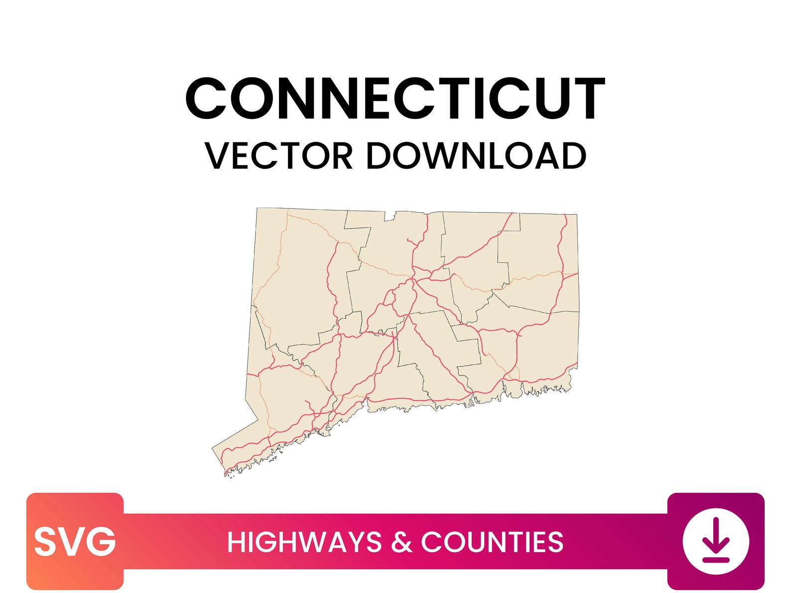 Highways & Counties of Connecticut, USA | Road Map Multi-layer SVG File ...