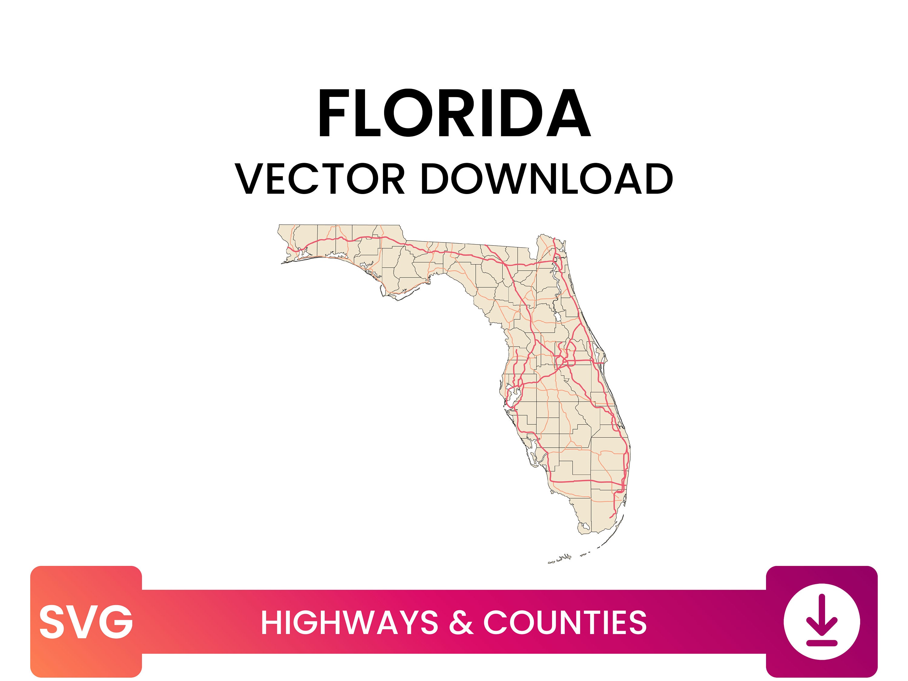 Highways & Counties of Florida, USA | Road Map Multi-layer SVG File ...