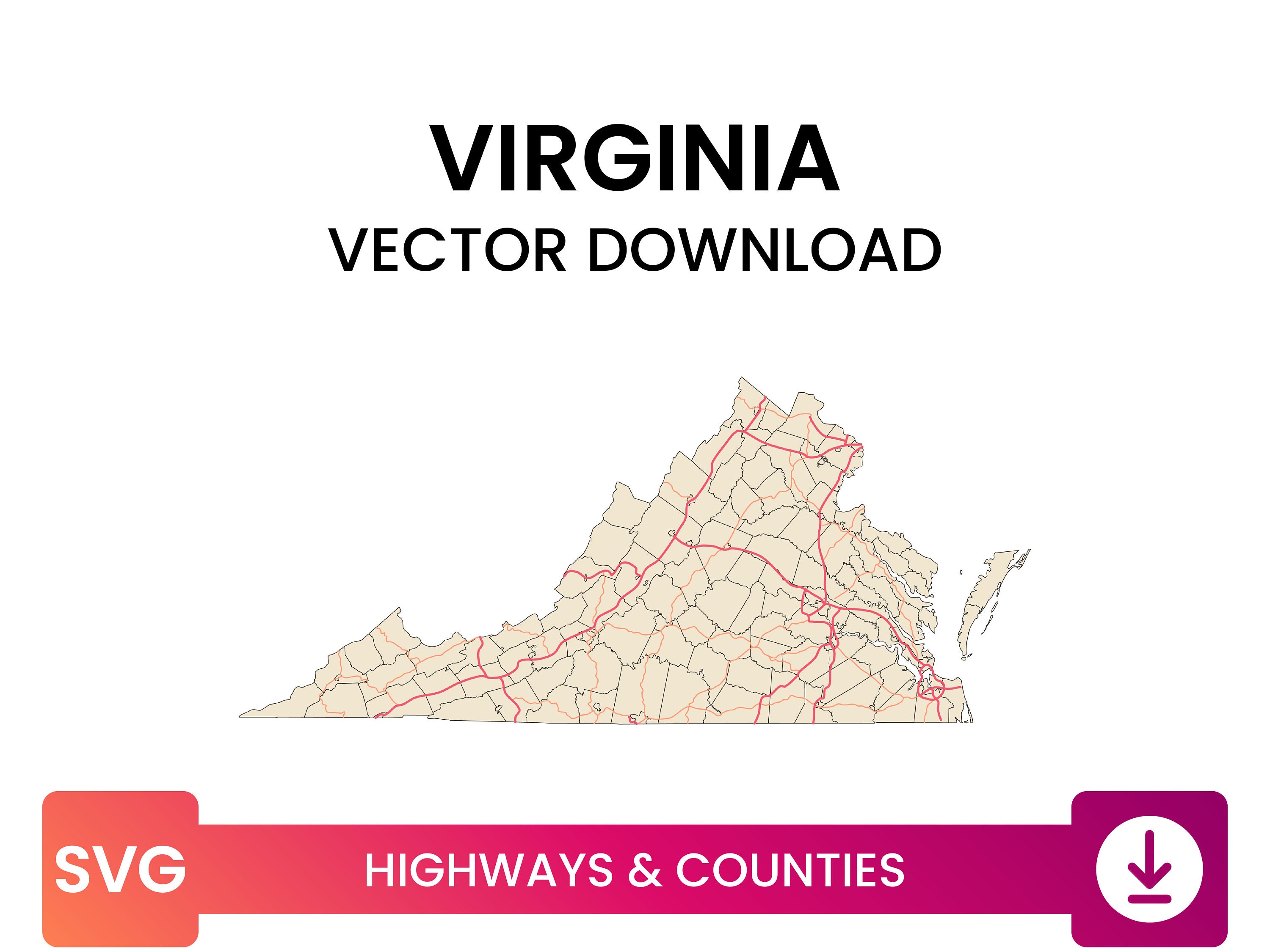 Highways & Counties of Virginia, USA | Road Map Multi-layer SVG File ...