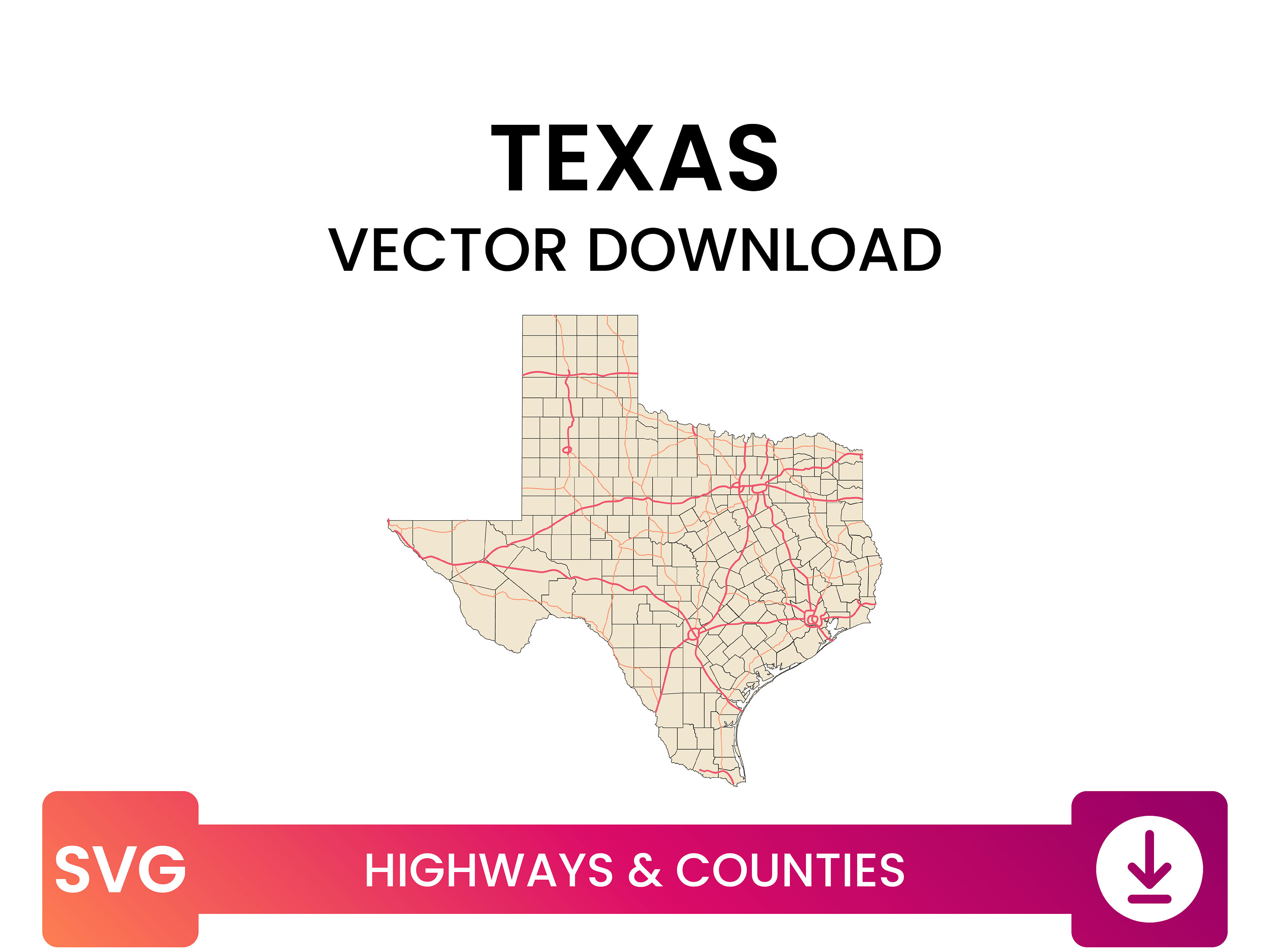 Highways & Counties of Texas, USA | Road Map Multi-layer SVG File ...