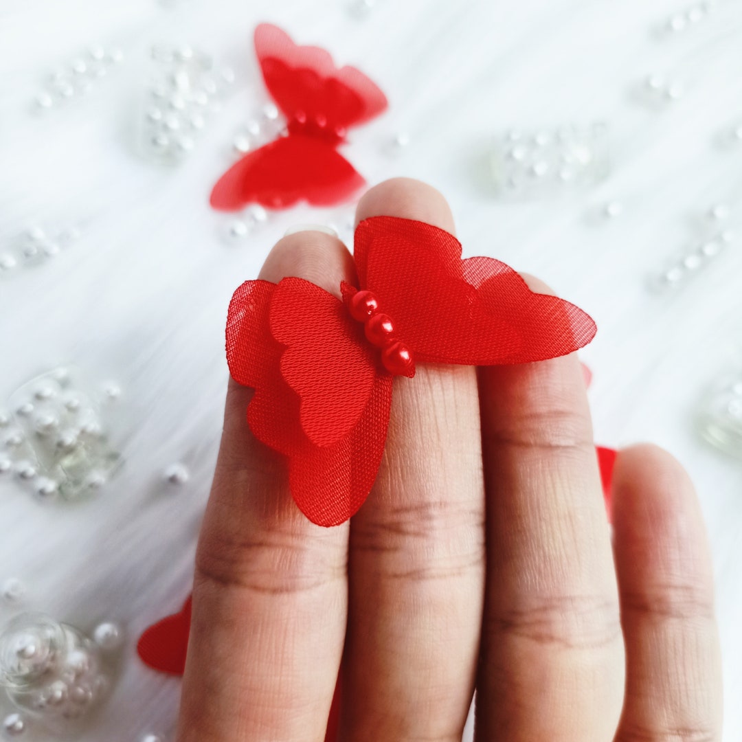 Red Organza Butterfly Applique: Pearl Bead Embellishment (5/10 Pcs) - Etsy
