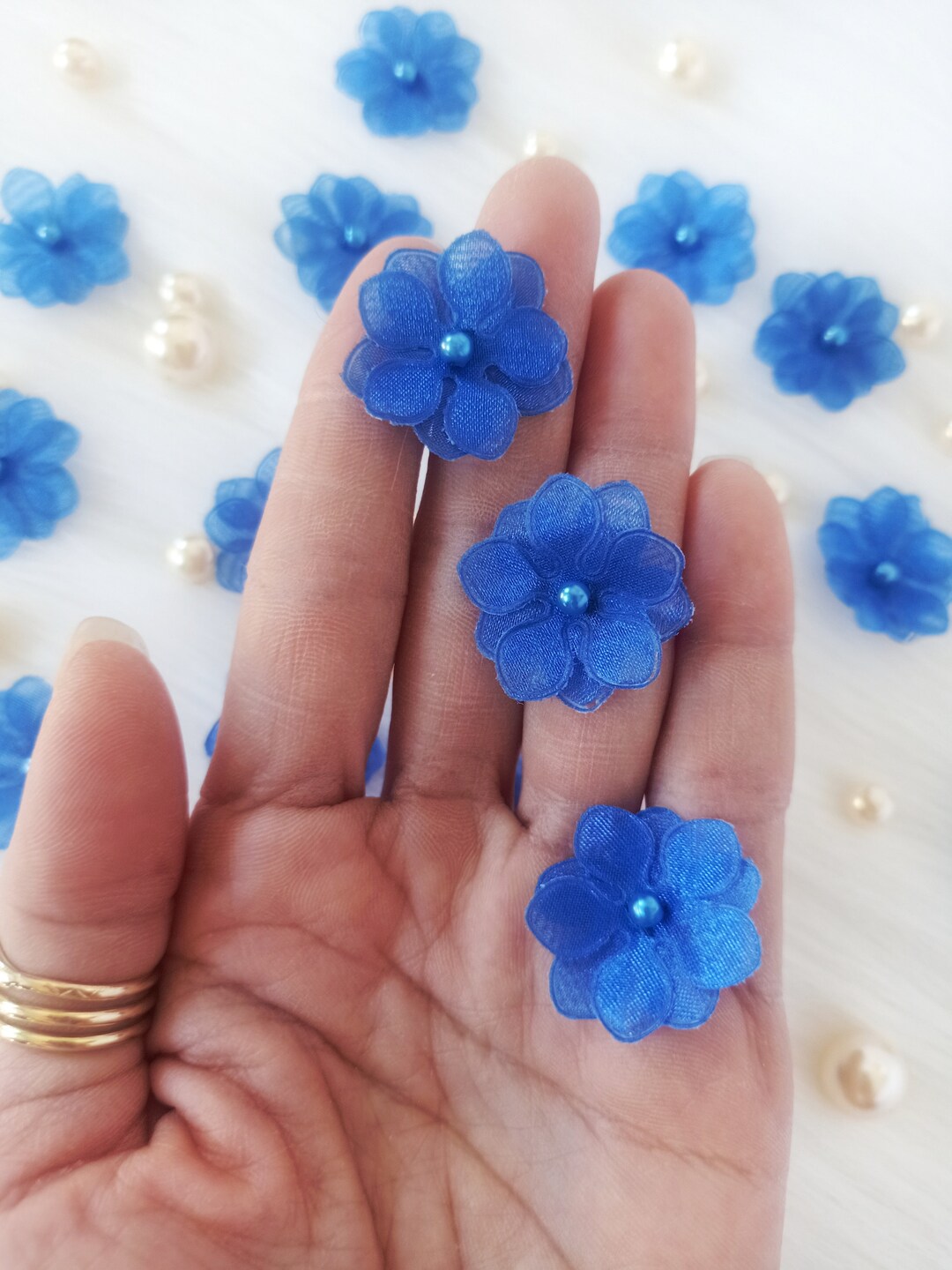 10 Royal Ocean Blue Cherry Blossom Organza Beaded Flower,1",wedding ...