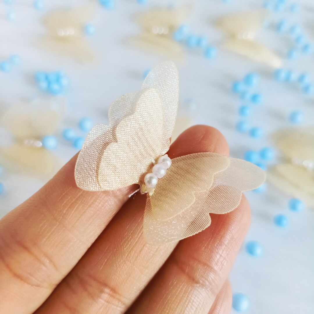 Light Gold 3D Butterfly Organza With Pearl Beads (5/10 Pcs ...