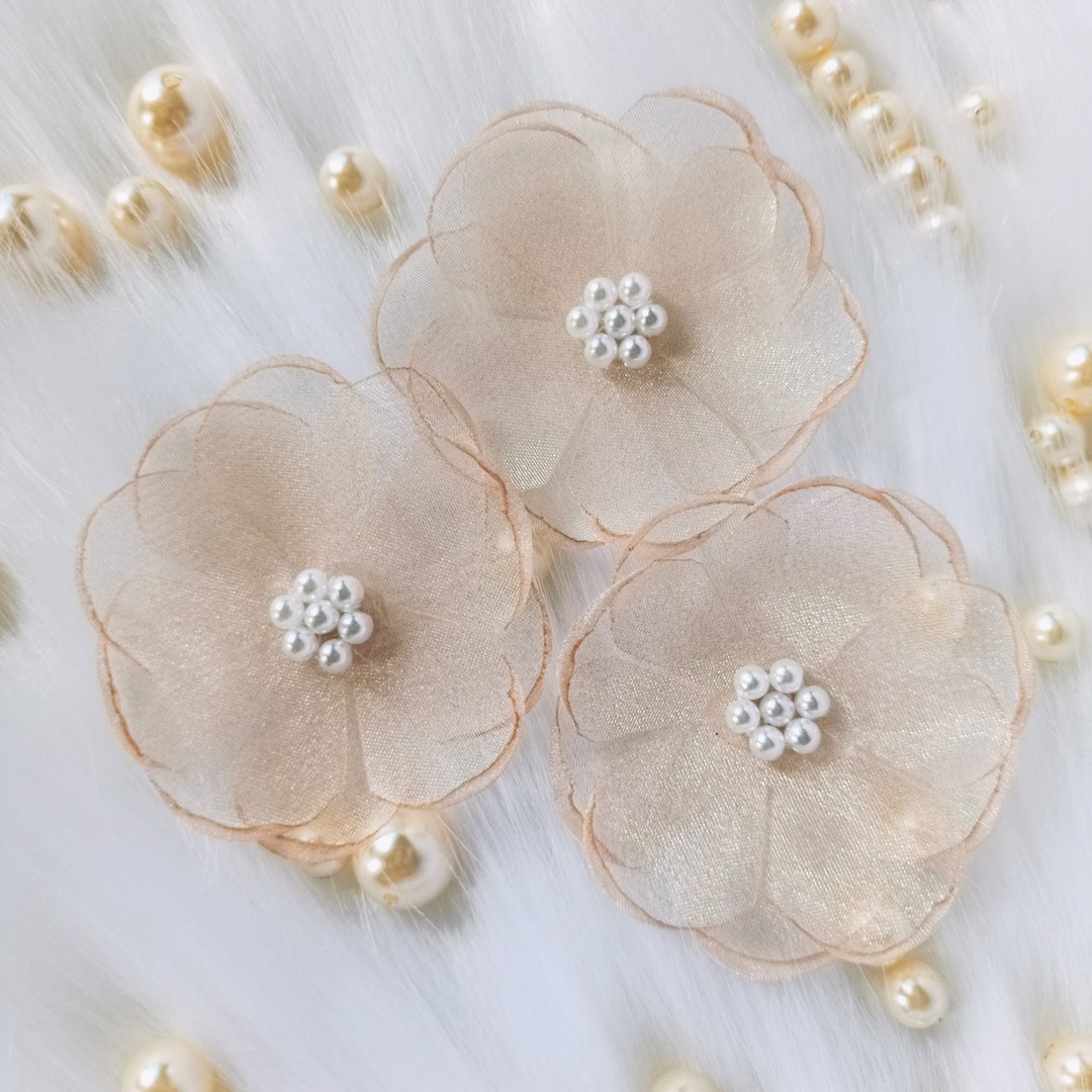 Rose Gold Organza Flower Appliques: Pearl & Crystal Beads, Bridal Craft ...