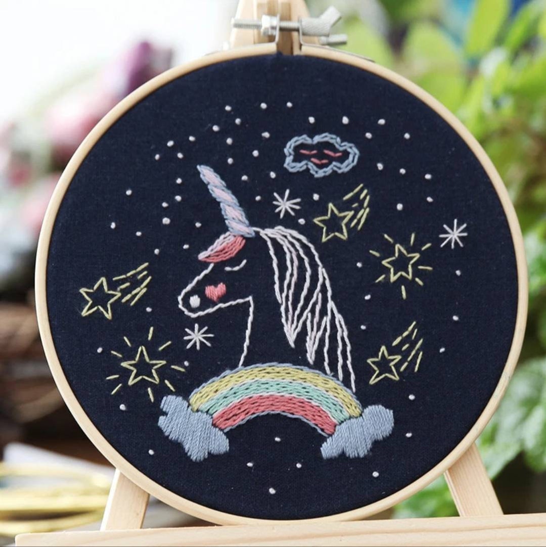 RAINBOW UNICORN Embroidery Full Kit,6-inches Bamboo Hoop,diy Embroidery ...
