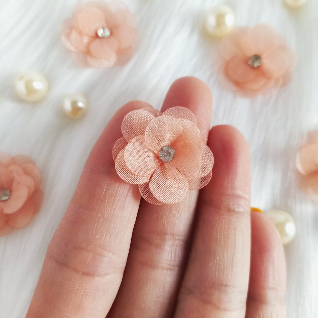 10 Rhinestone Rose Gold Organza Plum Blossom Flowers,3 Layers Flowers,1 ...