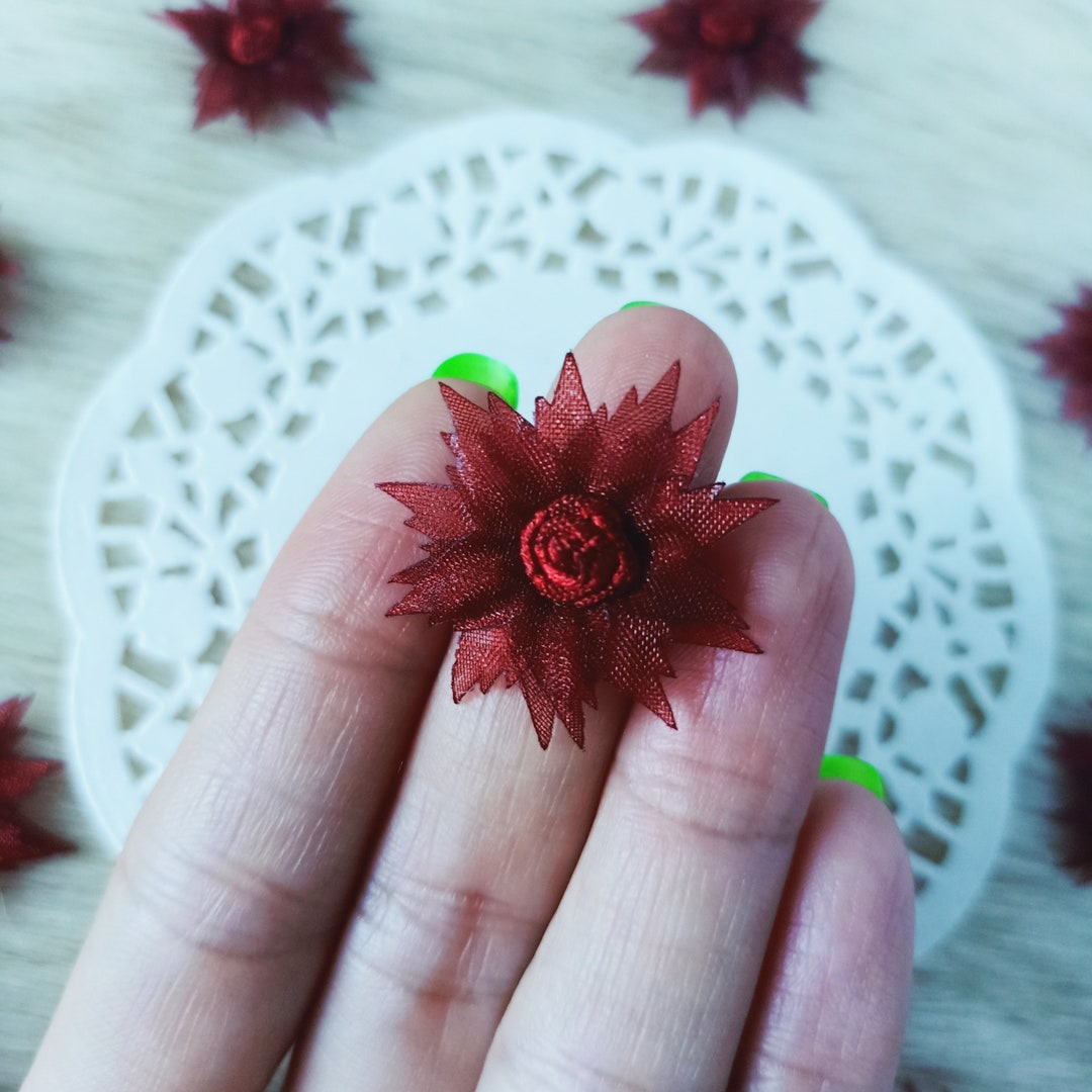 Burgundy Organza Chrysanthemum Appliques: Satin Rose Center, 1 Inch (10 ...