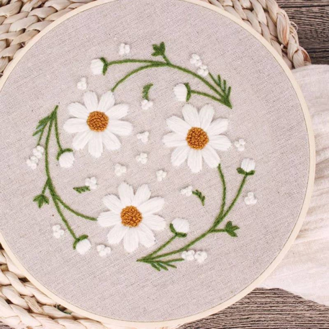 DAISY Flowers Wreath DIY Embroidery Full Kit,8-inch Bamboo Hoop,diy ...