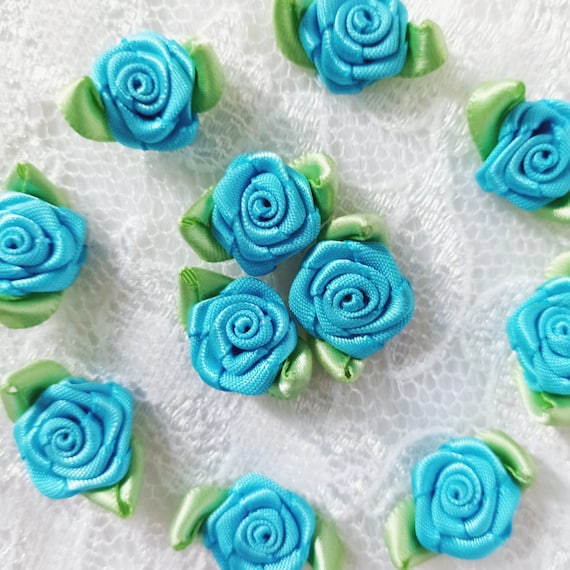 10 Aqua Blue Roses With Leaves 1 Inch Fabric Rose Heads | Etsy