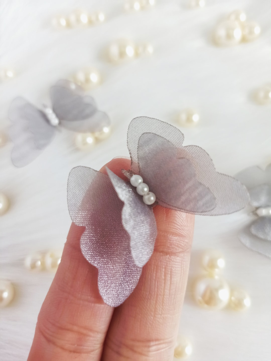Silver 3D Butterfly Organza With Pearl Beads 5/10 Pcs, Embellishment ...