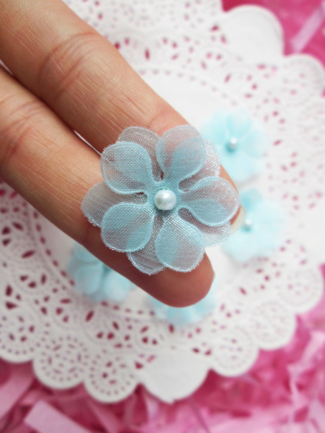 10/20 Aqua Blue Cherry Blossom Organza With Bead, Sky Blue Flower ...