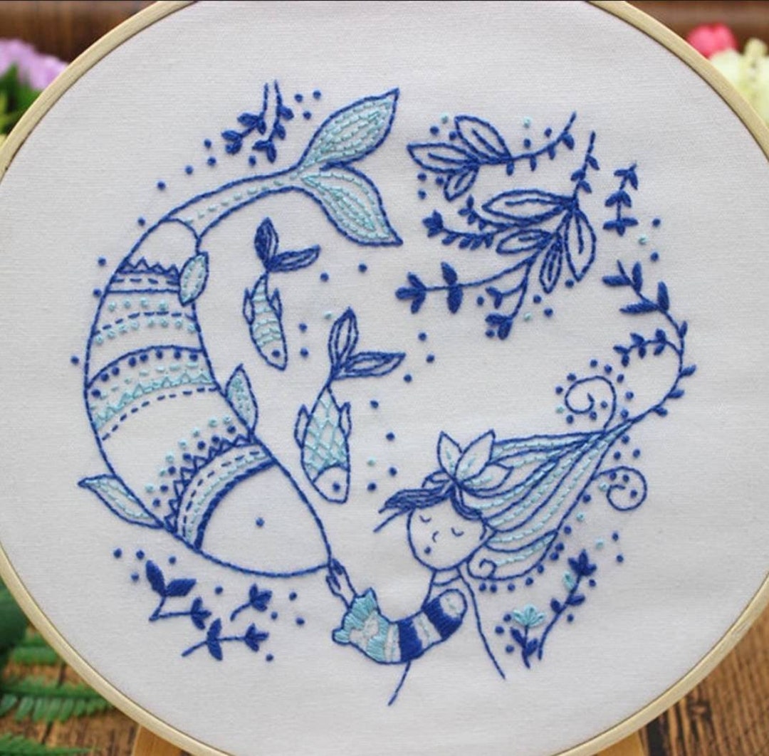 BLUE Fish Embroidery DIY Full Kit,8 INCH Bamboo Hoop,blue Nordic ...