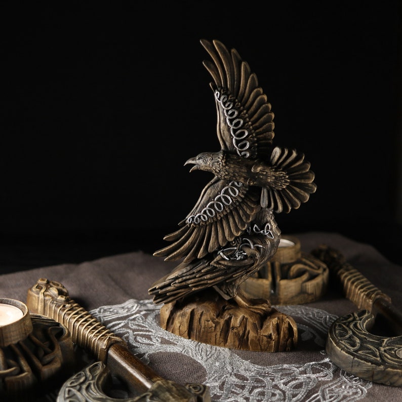 Huginn and Muninn Raven Sculpture: Viking Wood Carving, Norse Pagan ...