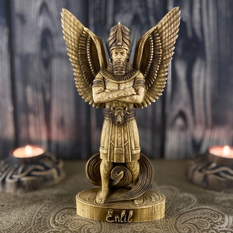 Carved Wood Enlil Statue: Sumerian God Figurine, Mesopotamian Mythology ...