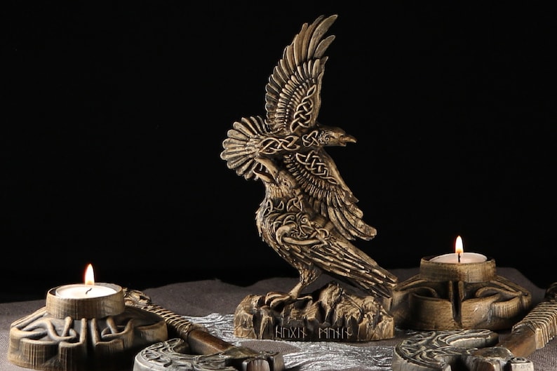 Huginn and Muninn Raven Sculpture: Viking Wood Carving, Norse Pagan ...