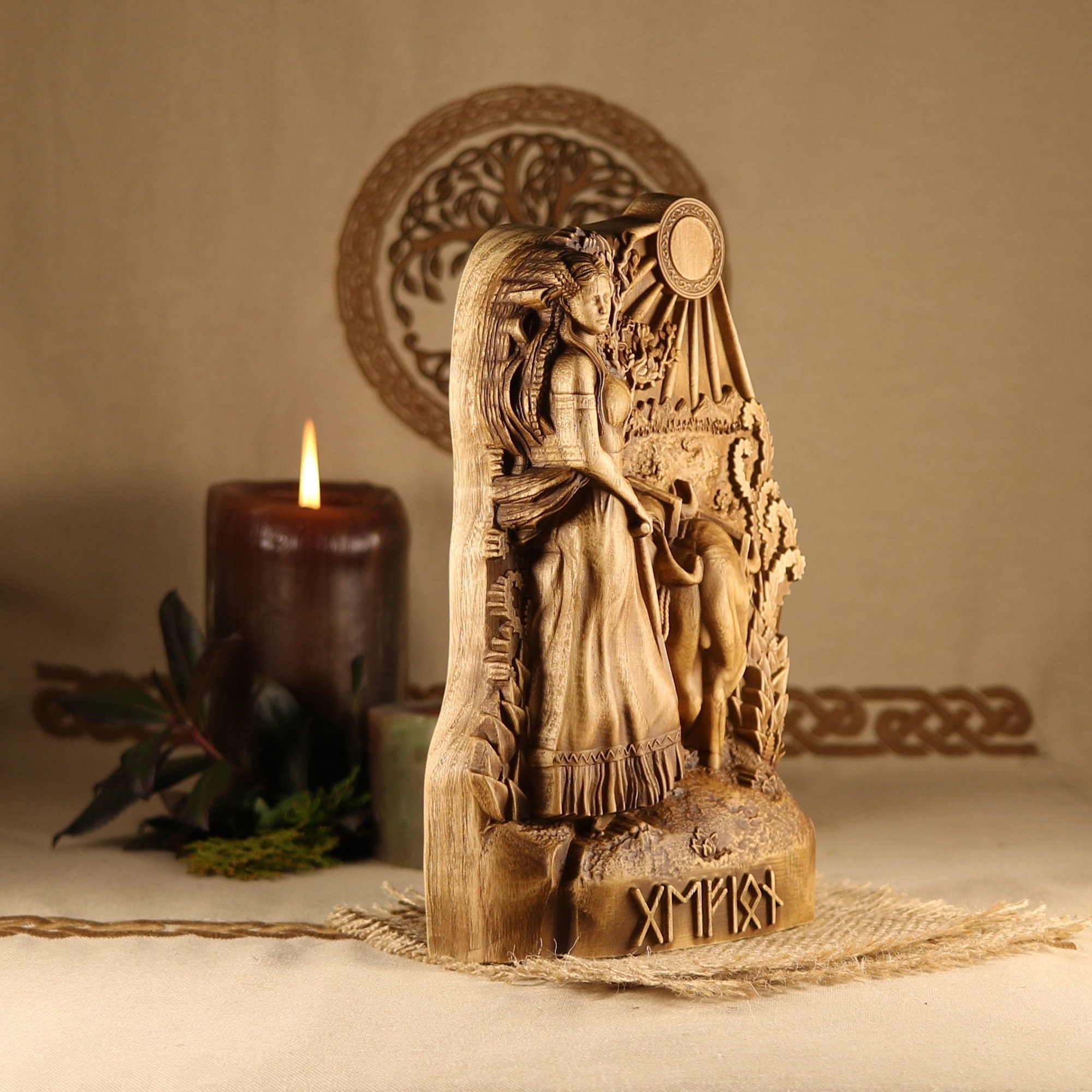 Gefjon Goddess Statue Altar, Norse Pagan , Wood Carving Gefjun, Home ...
