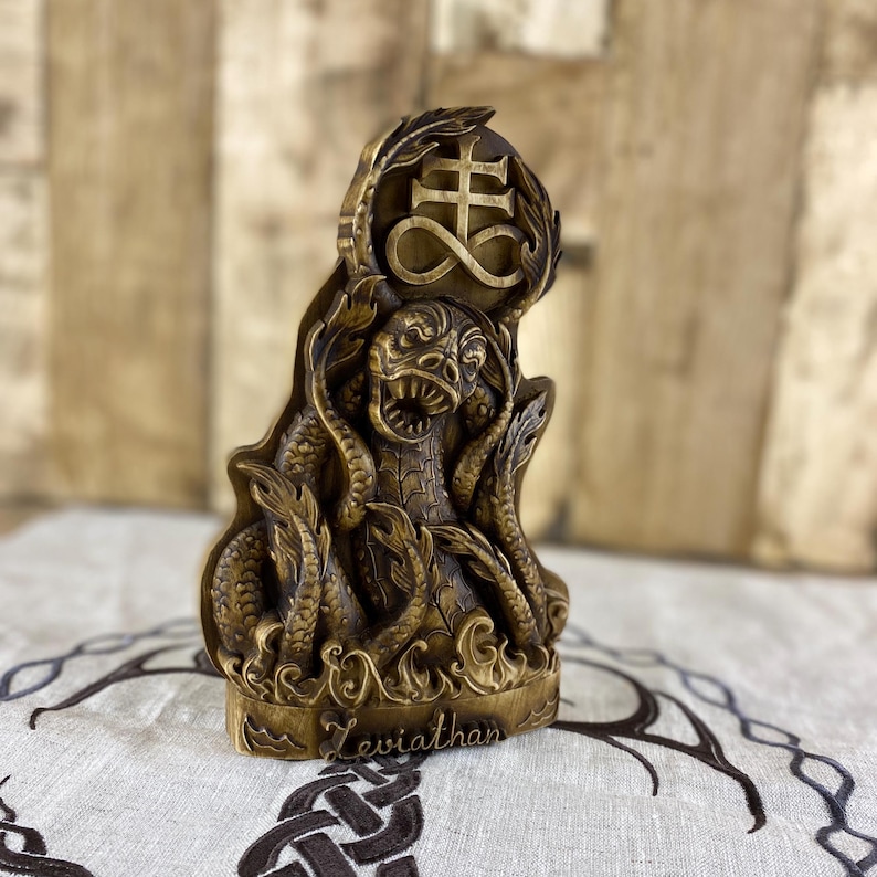 Wooden Leviathan Statue: Dragon Sea Monster With Satanic Cross - Etsy