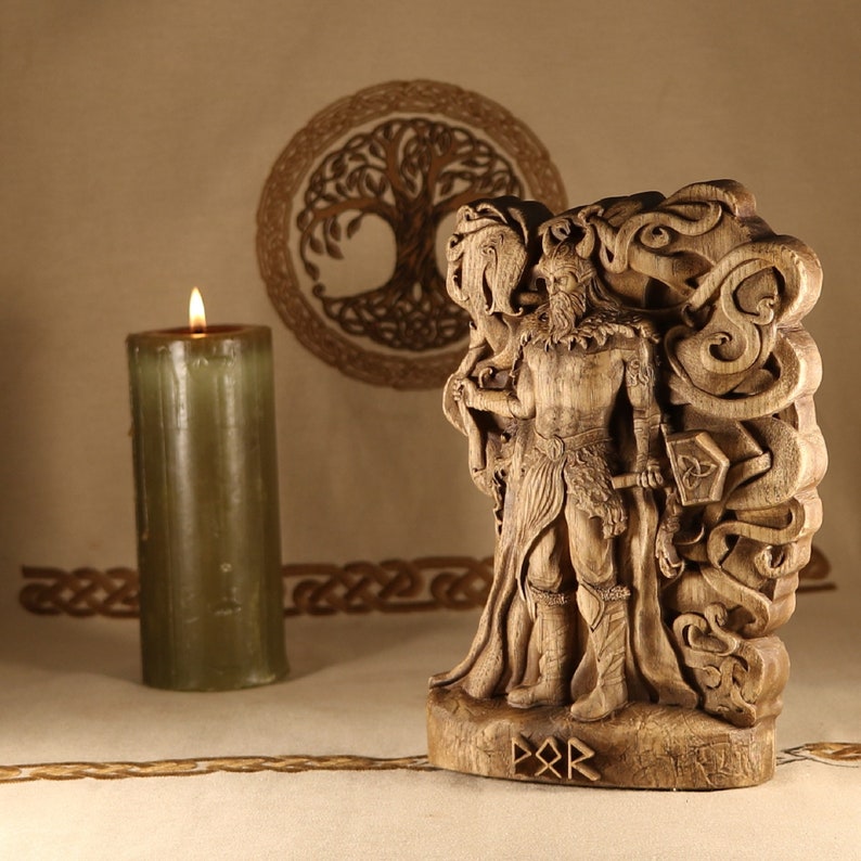 Thor Wood Carving Thor Statue Norse Pagan Decor God and - Etsy