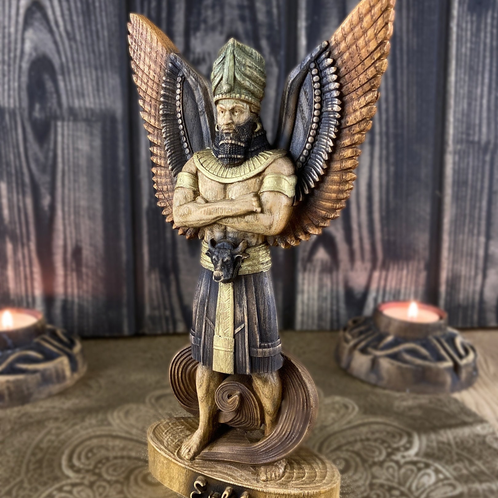 Carved Wood Enlil Statue: Sumerian God Figurine, Mesopotamian Mythology ...