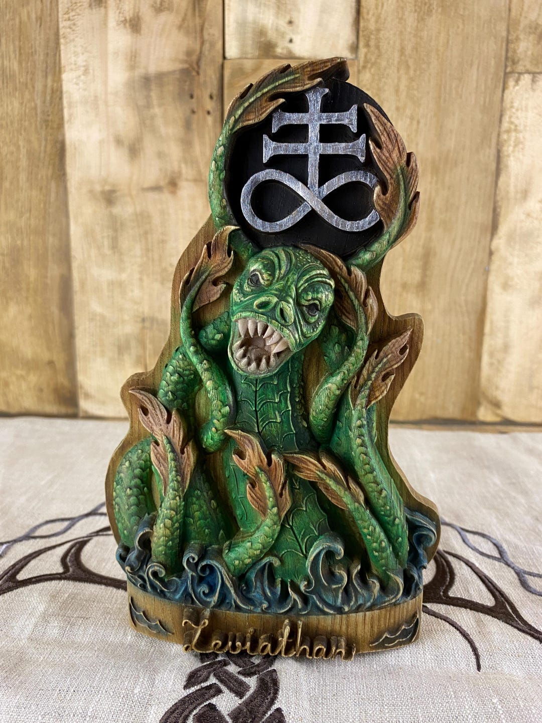 Wooden Leviathan Statue: Dragon Sea Monster With Satanic Cross - Etsy