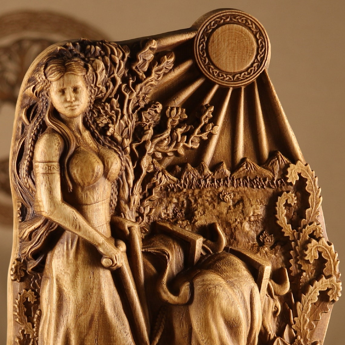 Gefjon Goddess Statue Altar, Norse Pagan , Wood Carving Gefjun, Home ...