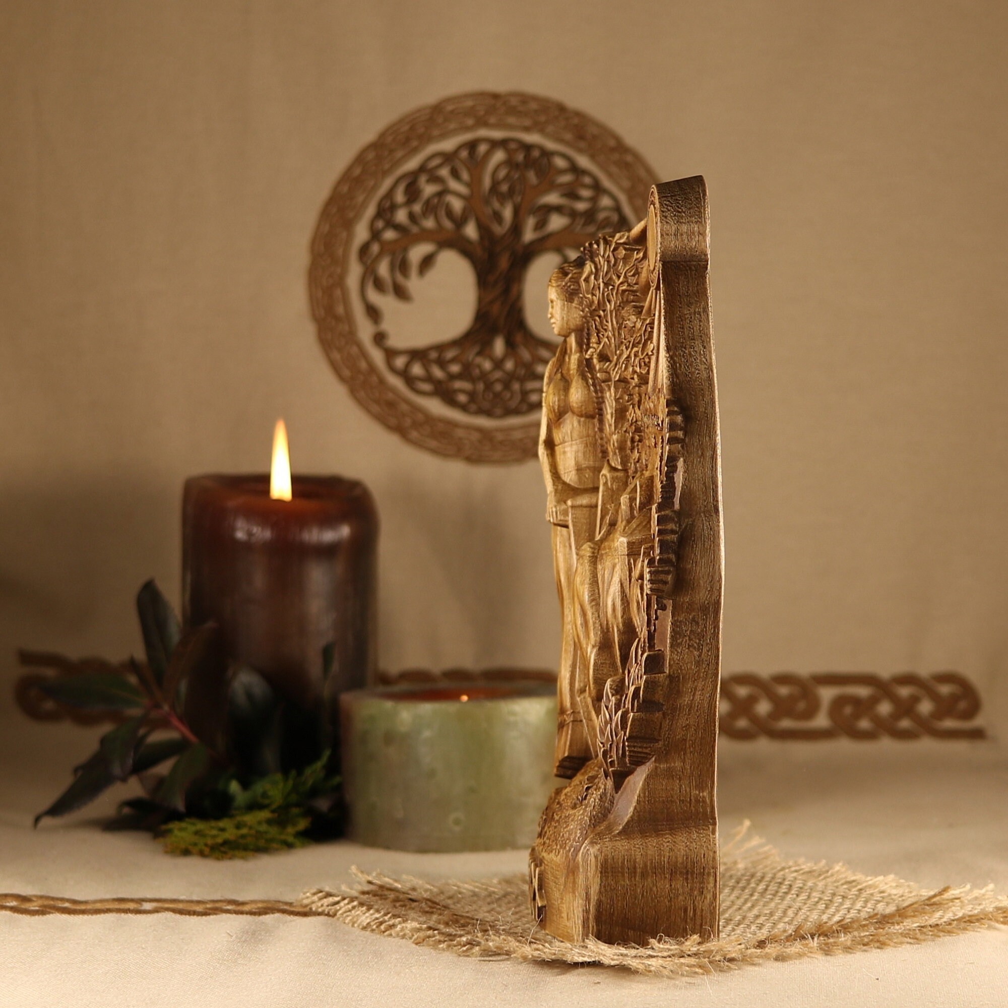 Gefjon Goddess Statue Altar, Norse Pagan , Wood Carving Gefjun, Home ...