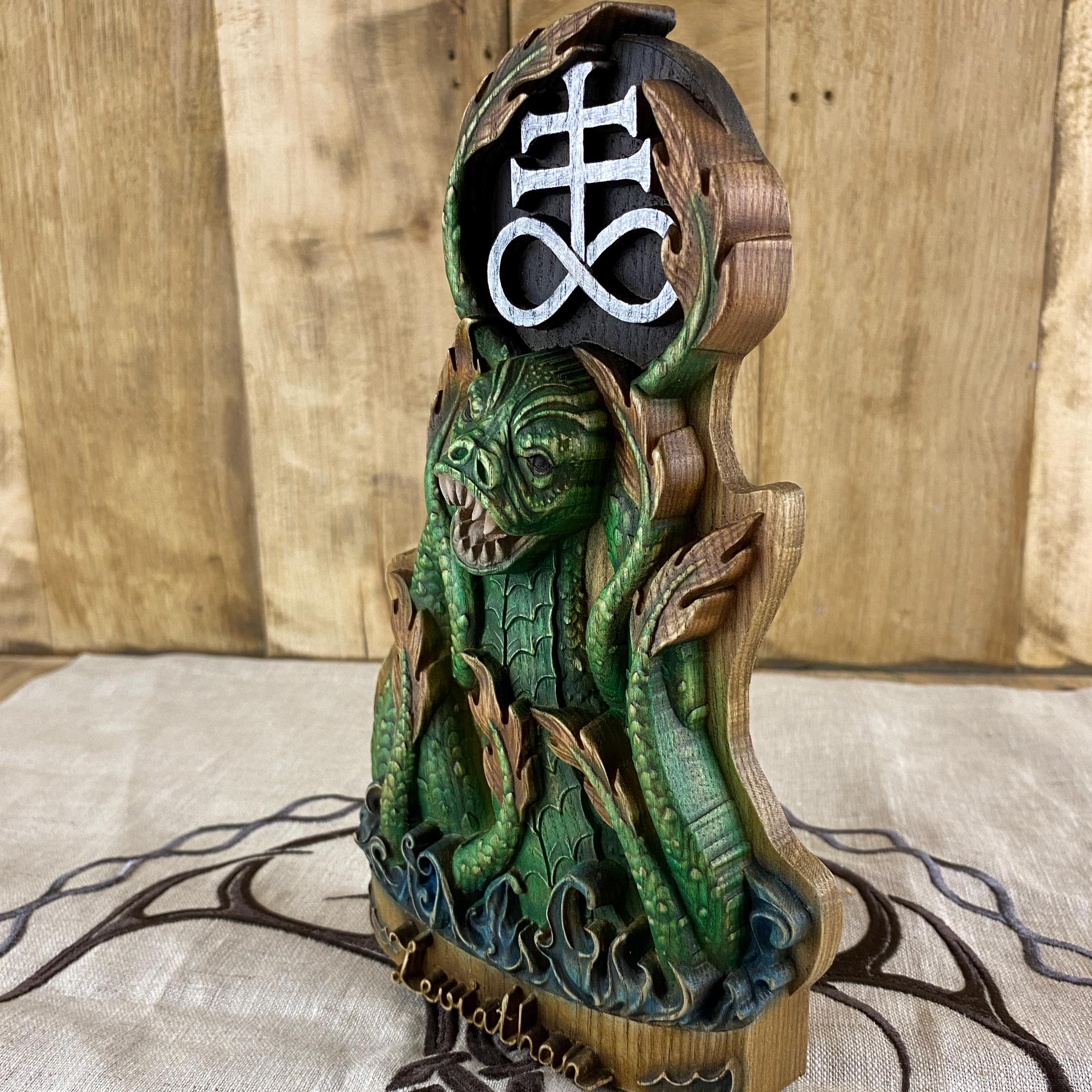Wooden Leviathan Statue: Dragon Sea Monster With Satanic Cross - Etsy