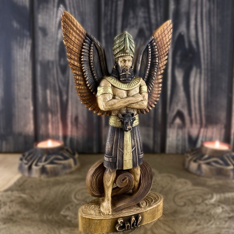 Carved Wood Enlil Statue: Sumerian God Figurine, Mesopotamian Mythology ...