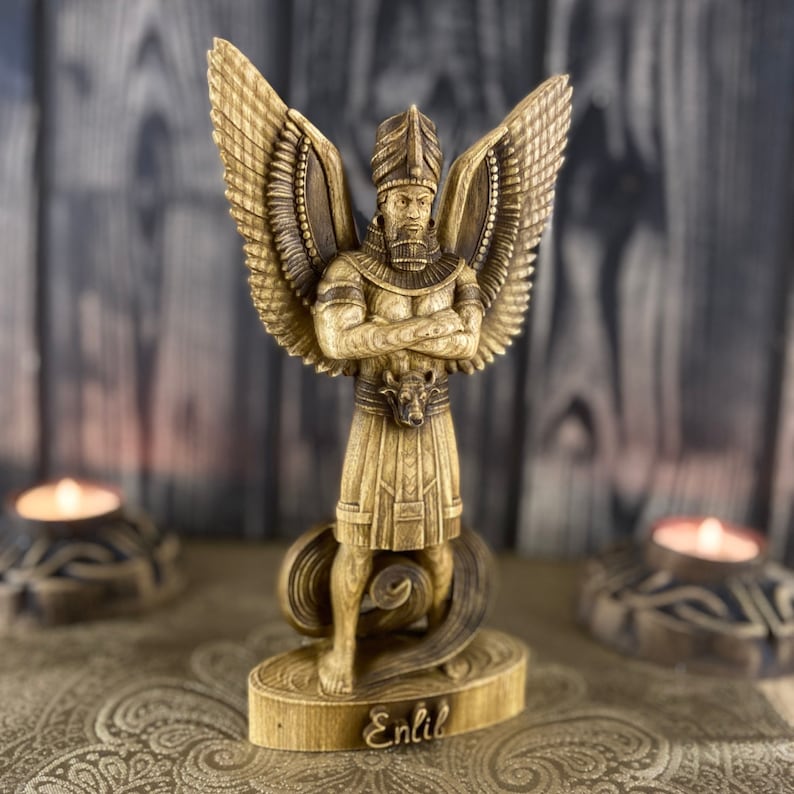 Carved Wood Enlil Statue: Sumerian God Figurine, Mesopotamian Mythology ...