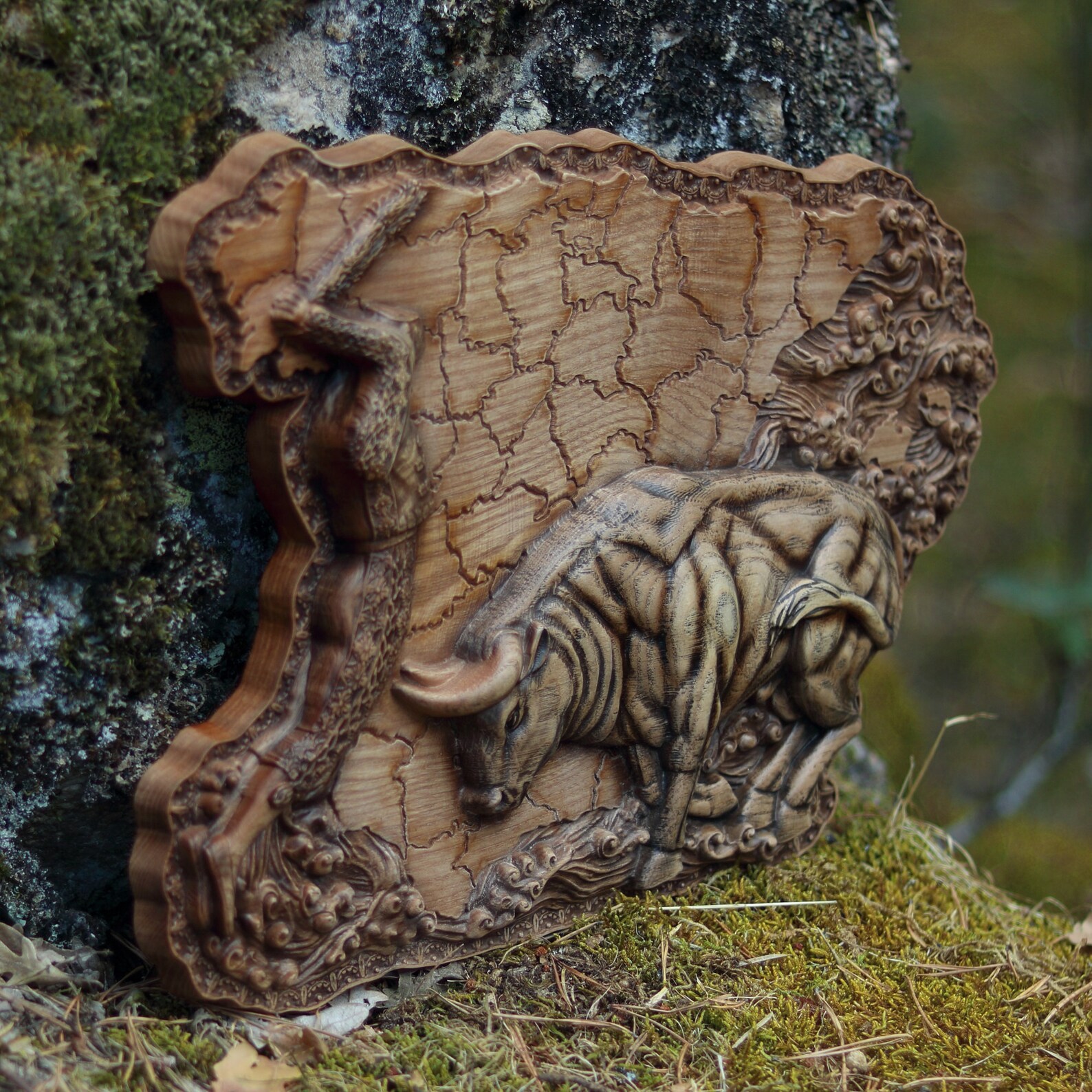 Bullfighter With a Bull Handmade Wooden Panel Wooden Carved - Etsy