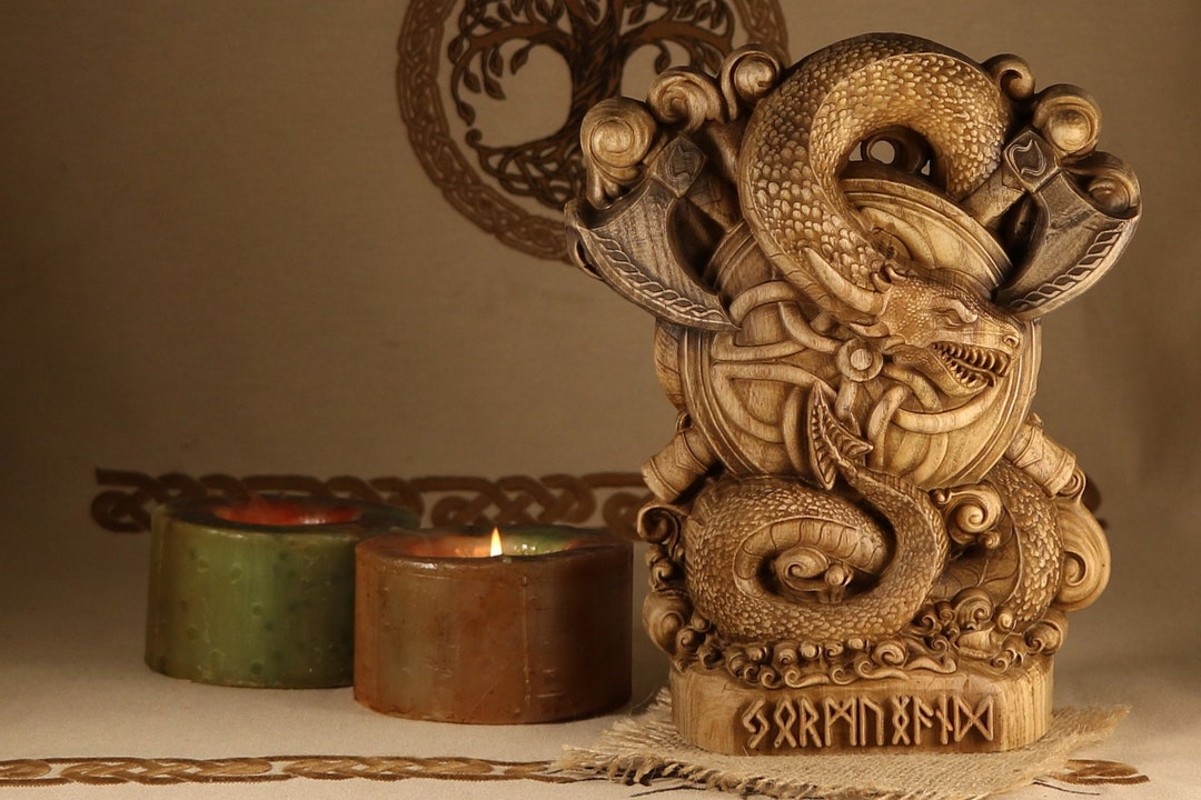 Handmade Jormungandr Dragon Statue: Norse Pagan Wood Carving - Etsy