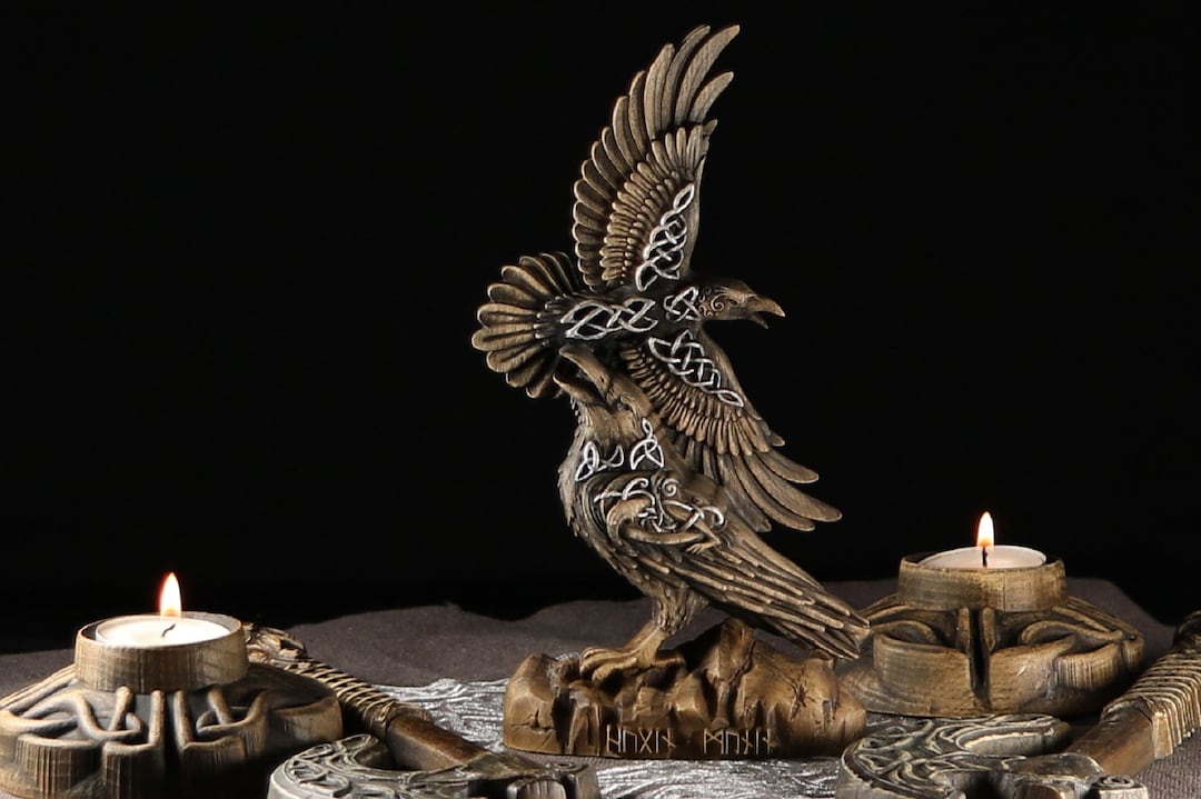 Huginn and Muninn Raven Sculpture: Viking Wood Carving, Norse Pagan ...