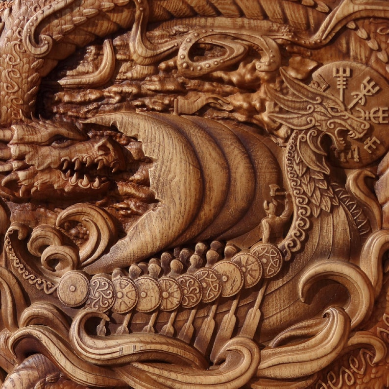 Viking Dragon Wood Carving: Odin Ship Wall Art - Etsy