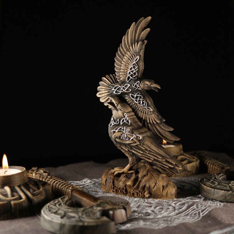 Huginn and Muninn Raven Sculpture: Viking Wood Carving, Norse Pagan ...