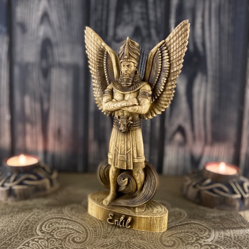 Carved Wood Enlil Statue: Sumerian God Figurine, Mesopotamian Mythology ...