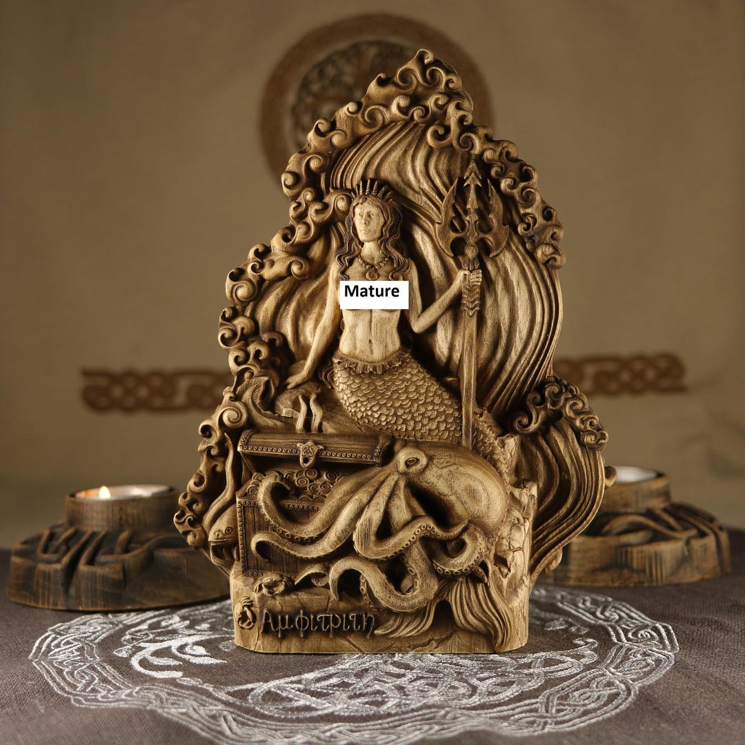 Amphitrite Statue: Greek Sea Goddess, Kraken Octopus Wood Carving - Etsy