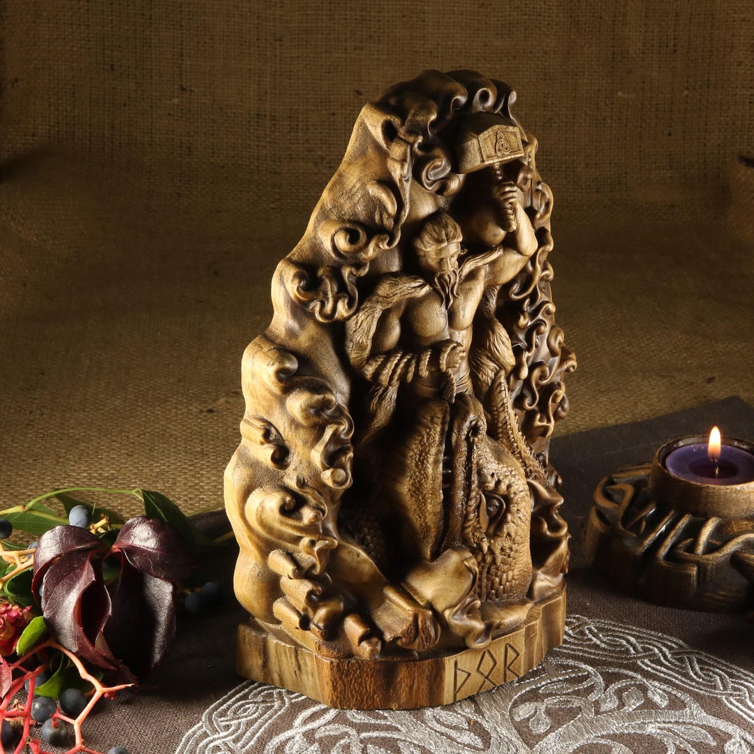 Thor Statue: Norse God Wood Carving, Asatru Altar Decor - Etsy
