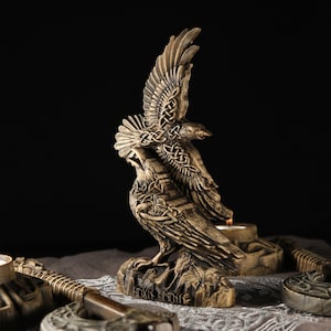 Huginn and Muninn Raven Sculpture: Viking Wood Carving, Norse Pagan ...