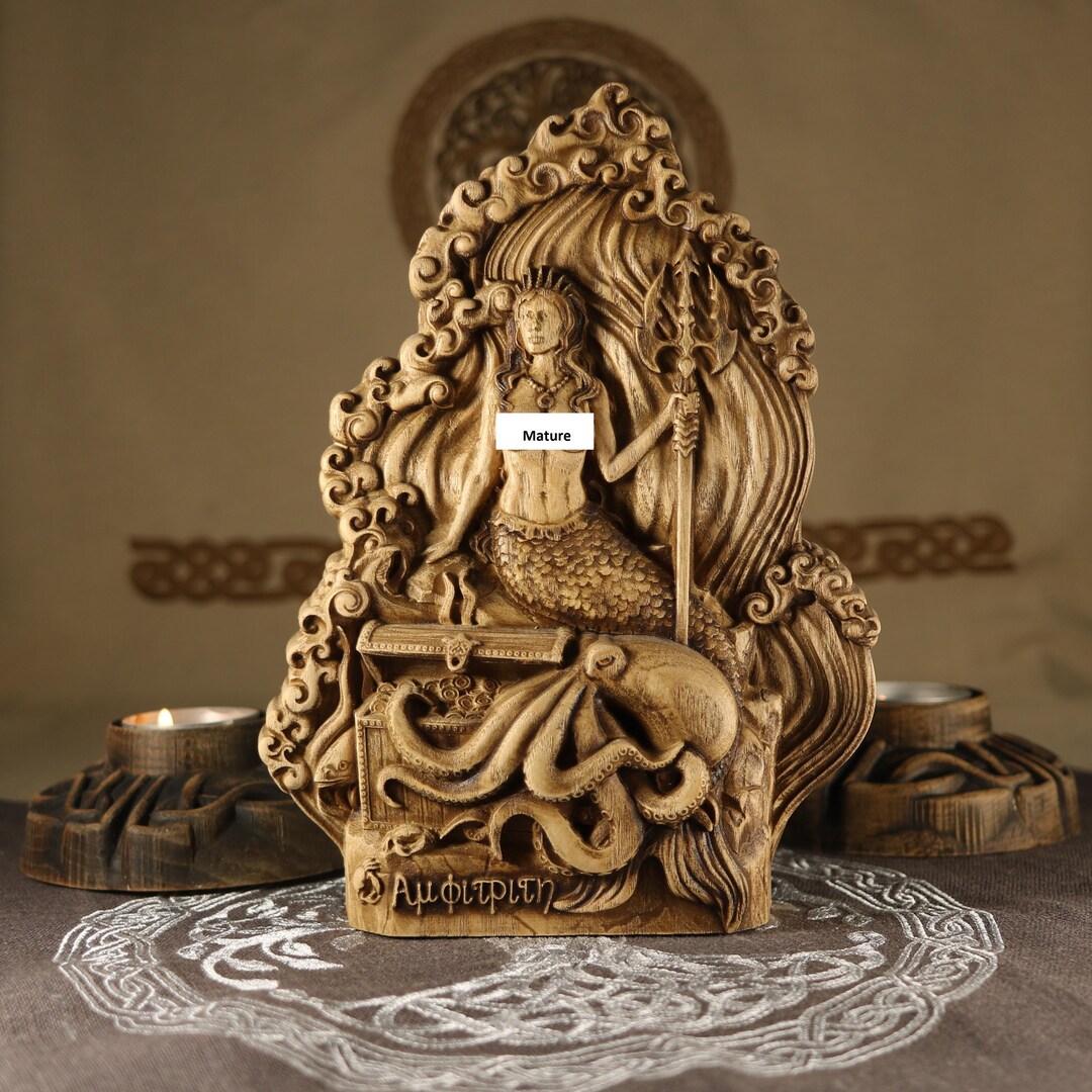 Handmade Wooden Amphitrite Statue: Greek Sea Goddess & Kraken Octopus ...