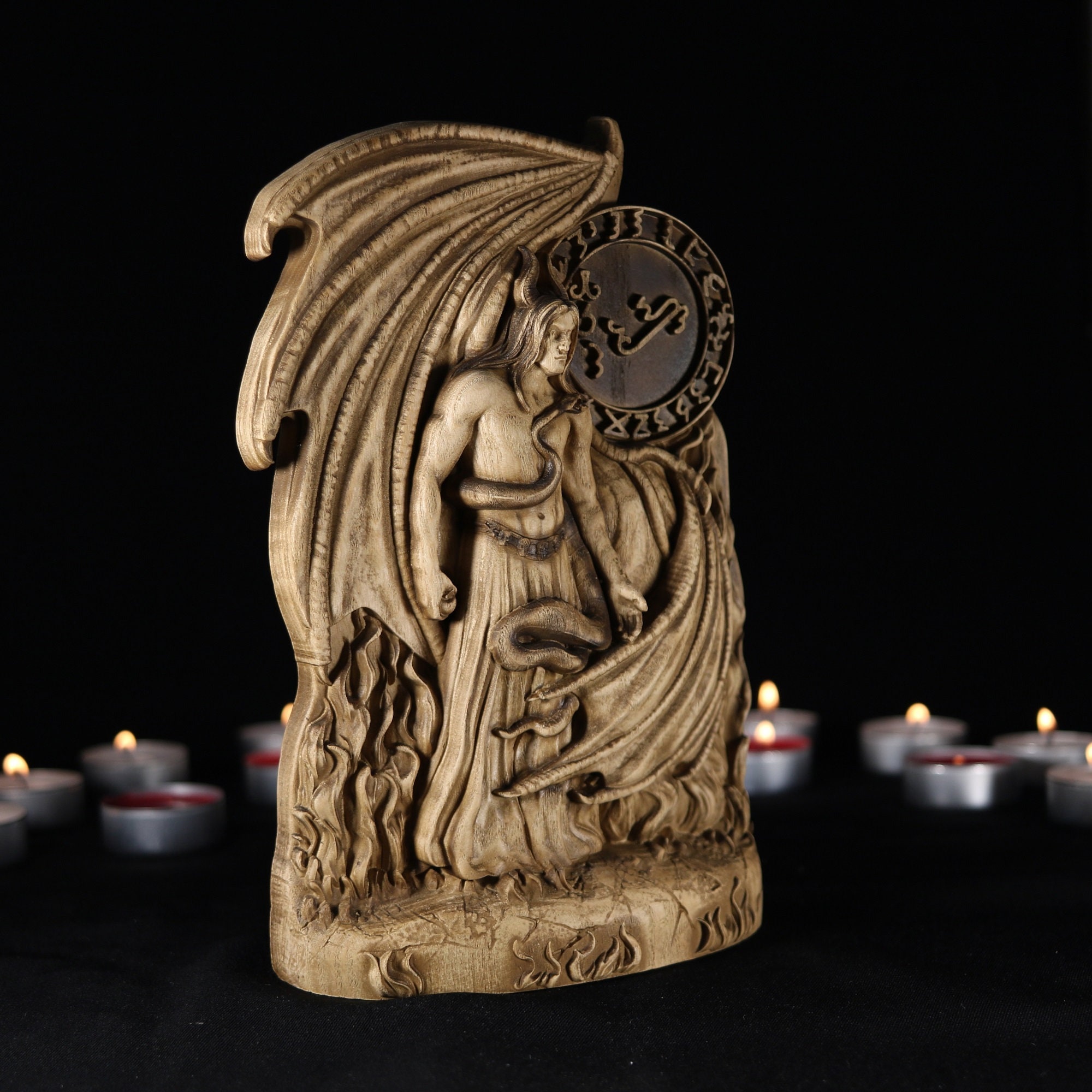 Lucifer Statue: Samael Lilith, Fallen Angel Wood Carving - Etsy