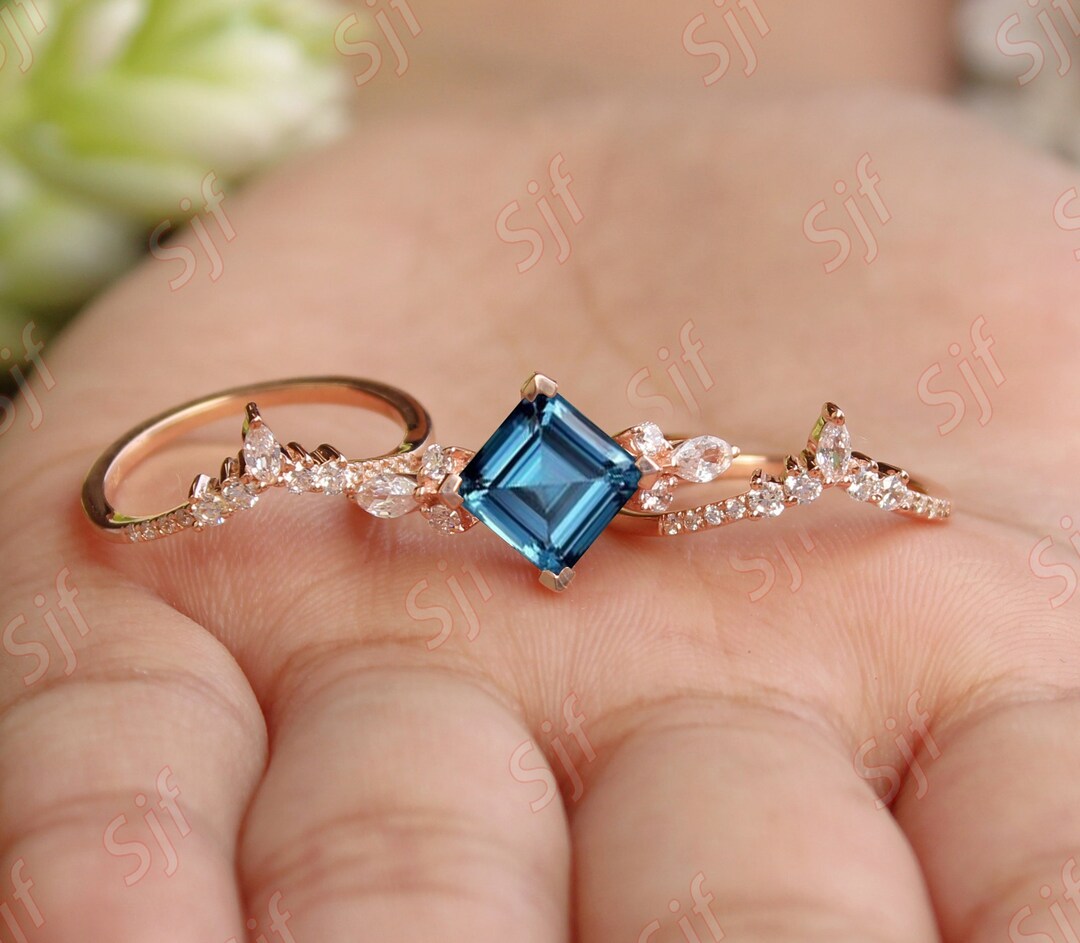 3pcs Square 8.00mm Natural London Blue Topaz Anniversary Ring Set ...