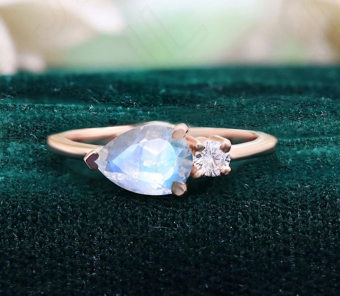 Cloudy Crystal Earthy Blue Fire Natural Pear Moonstone 14K Rose Gold ...