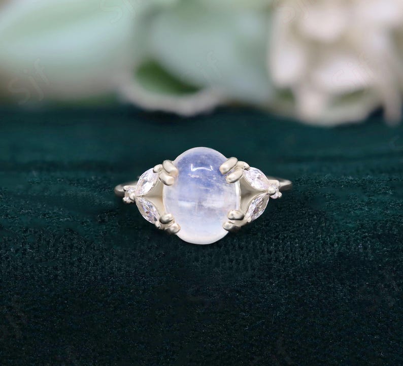 Cloudy Crystal Earthy Blue Fire Natural Oval Moonstone 14K Rose Gold ...