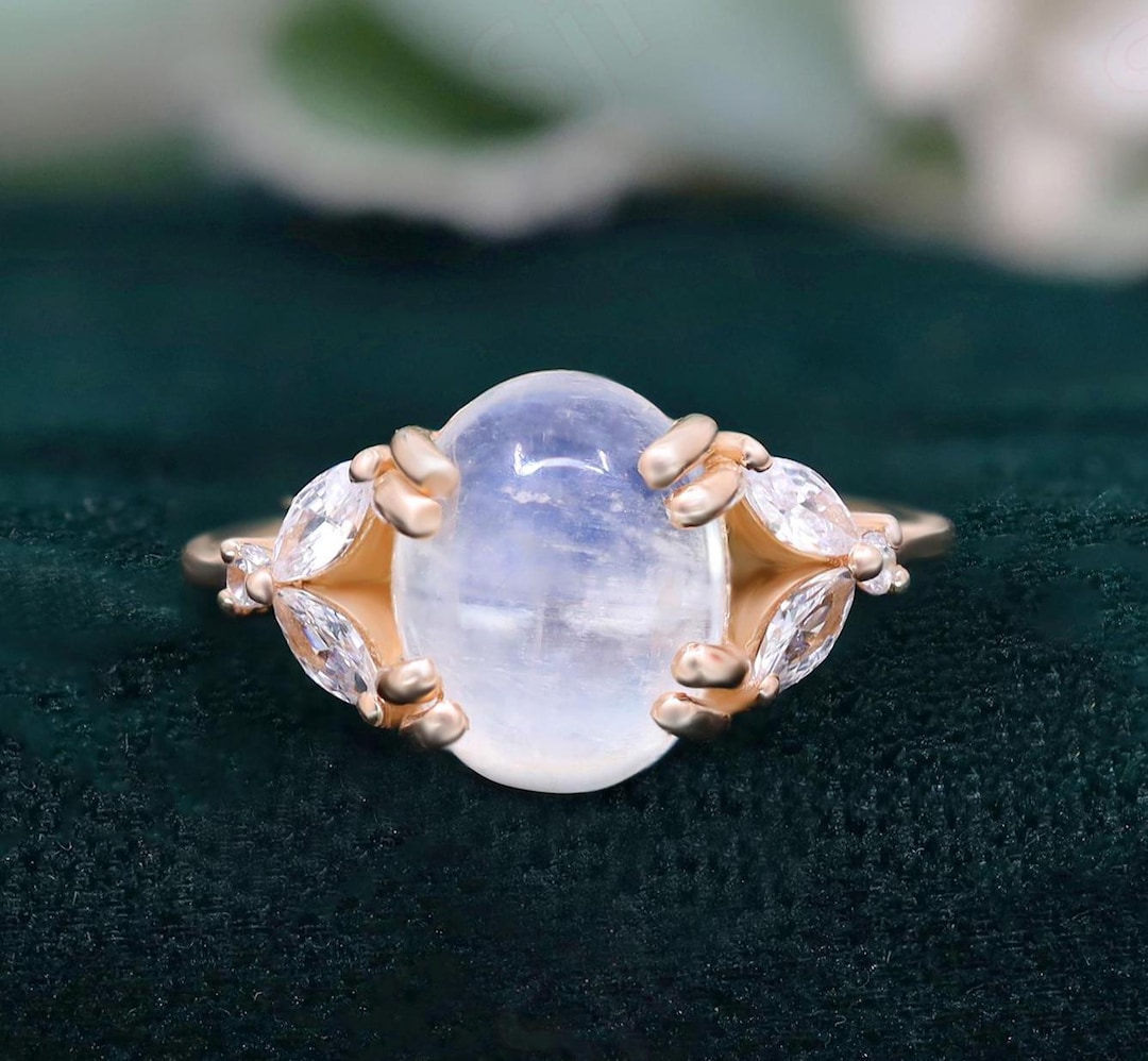 Cloudy Crystal Earthy Blue Fire Natural Oval Moonstone 14K Rose Gold ...