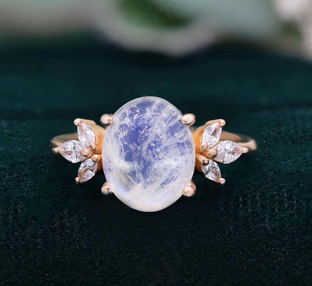Cloudy Crystal Earthy Blue Fire Natural Oval Moonstone 14K Rose Gold ...