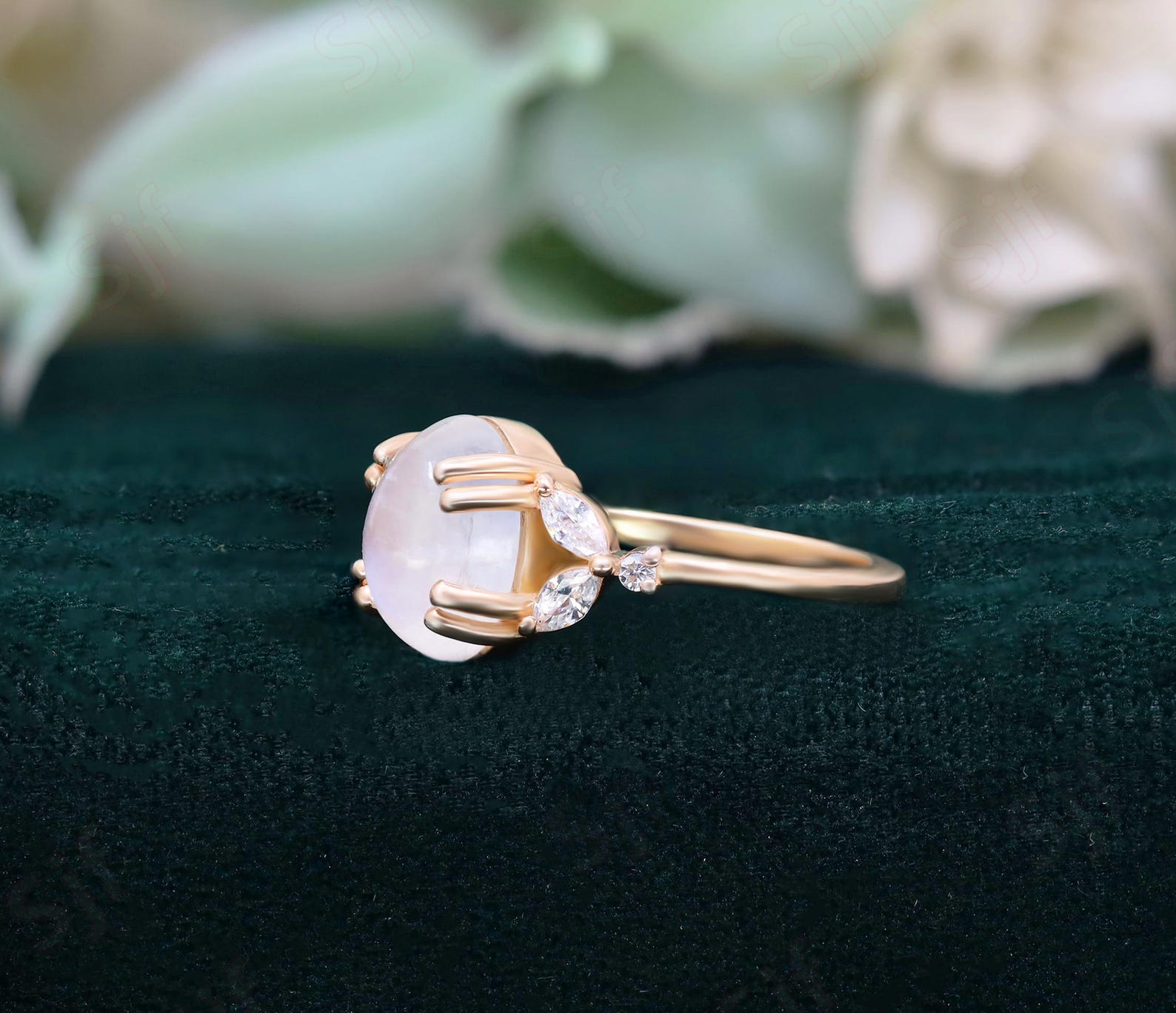 Cloudy Crystal Earthy Blue Fire Natural Oval Moonstone 14K Rose Gold ...